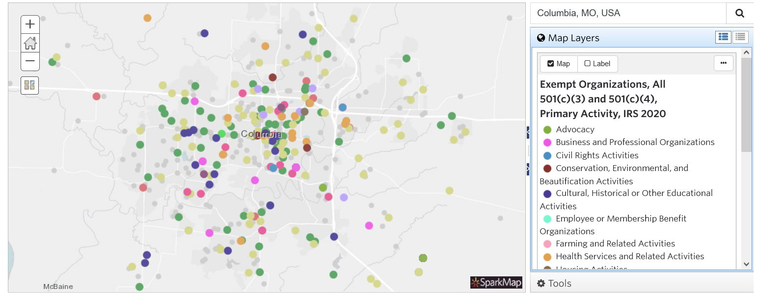 Hyperlocal data in the Map Room - looking for Nonprofits near me - SparkMap